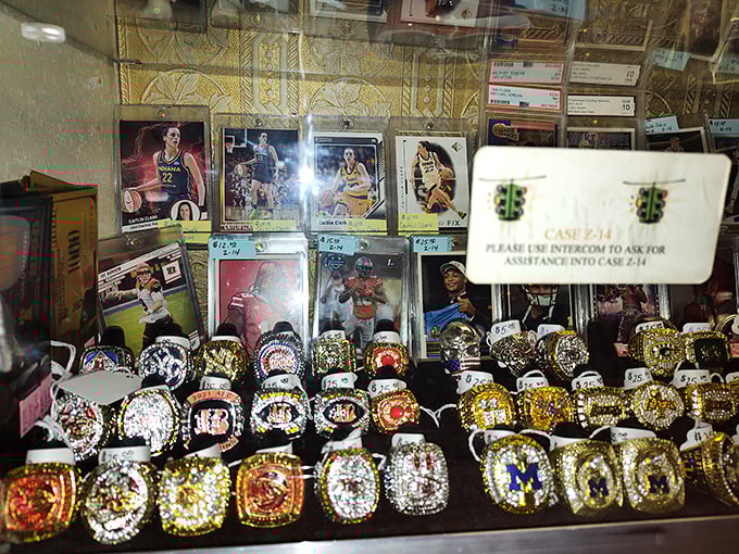 Sports history under glass! These championship rings represent dreams, sweat, and glory—now available for purchase if you've got the coin.