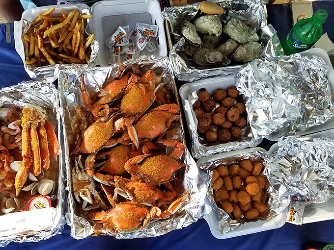 The seafood spread that launches a thousand napkins. This is why elastic waistbands were invented, folks.