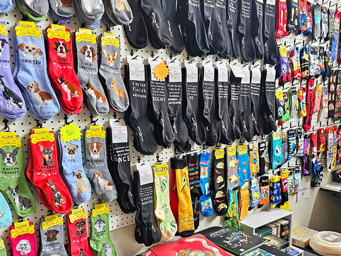Sock shopping becomes an existential choice—declare your dog breed allegiance or announce your feelings about Mondays to everyone you meet.