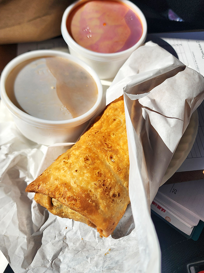 A deep-fried burrito and its salsa sidekick – name a more iconic duo. I'll wait. That golden-brown crunch is the soundtrack to happiness.