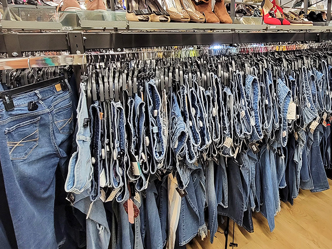 Denim democracy in action. Every wash, cut, and size imaginable hangs in perfect formation, like a blue jean army ready for duty. 