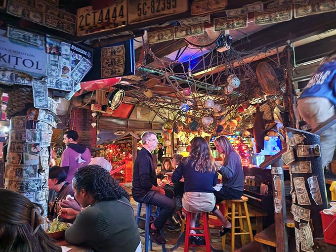 Happy diners surrounded by nautical treasures, proving that great food and quirky atmosphere make perfect dining companions.