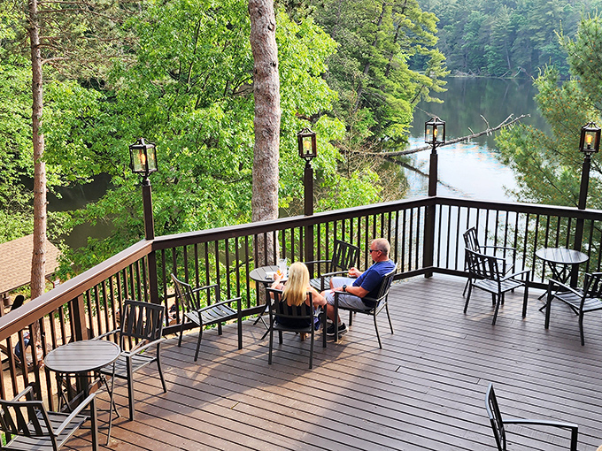 Lakeside dining at its finest, where the only thing competing with your meal for attention is Mother Nature's spectacular show.