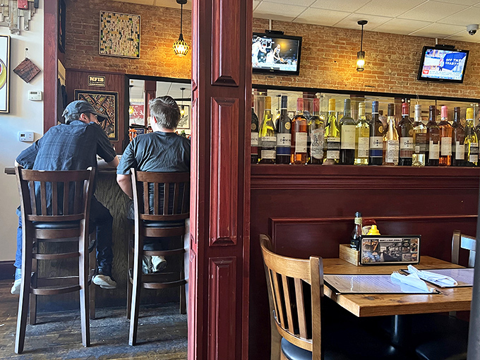 The bar stools have heard more stories than a bartender on a Saturday night. Two patrons solving the world's problems, one sip at a time. 