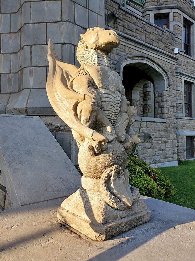 This dragon-like stone guardian has watched over the castle entrance for decades, a silent sentinel with stories etched in limestone.