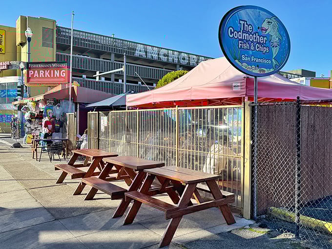 The Codmother's sign proudly announces its presence at Fisherman's Wharf, where tourists and locals alike follow the cartoon fish to seafood nirvana.