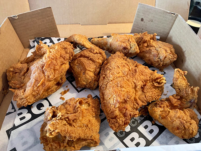 Fried chicken so perfectly golden it deserves its own trophy. The kind of crust that makes that satisfying crackle sound just looking at it.