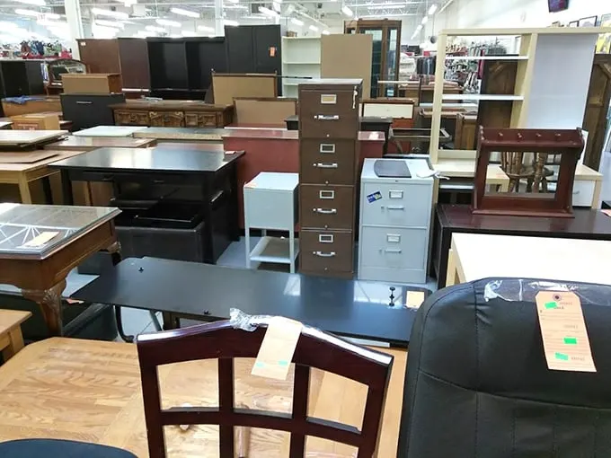 Office furniture that's seen some things but isn't telling—file cabinets that might have once held corporate secrets now ready for craft supplies.