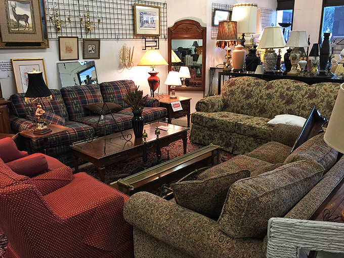 Living room furniture mingles like guests at a decades-spanning reunion, plaid meeting paisley in peaceful coexistence.