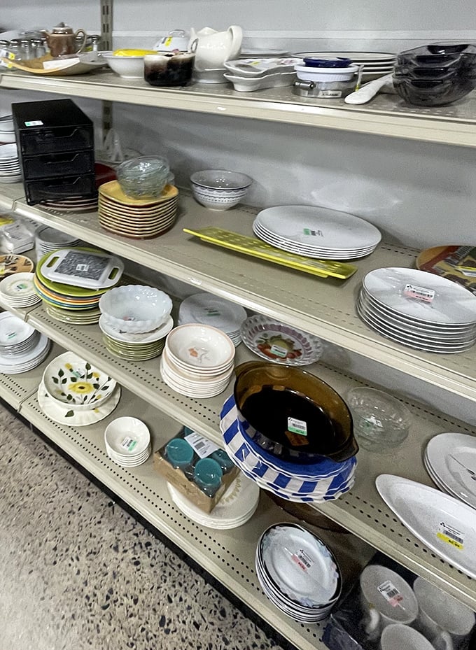 Dinner party on a budget? These shelves of plates, bowls and serving pieces could outfit a gourmet kitchen without the Williams-Sonoma price tag.