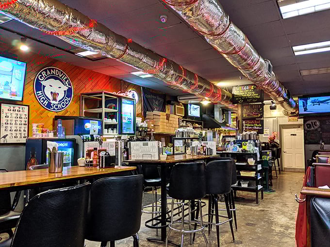 Exposed ductwork wrapped in festive tinsel watches over diners like the North Star of breakfast, guiding hungry souls to their morning feast.