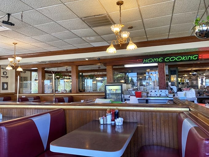Classic diner geometry – booths designed for lingering conversations, hanging plants that soften the space, and lighting that flatters everyone.
