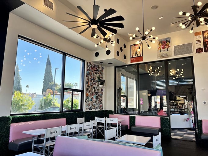 Modern lighting meets retro vibes in this bright, airy space. The wall of memories tells stories while you create new ones over coffee.