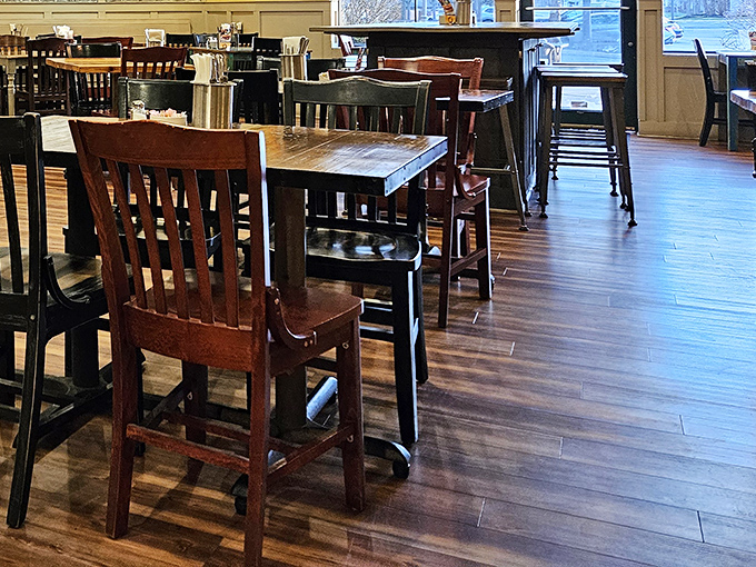 Simple wooden tables invite conversation and serious sandwich consumption. No pretension here—just a stage set for the main attraction that arrives on wax paper.