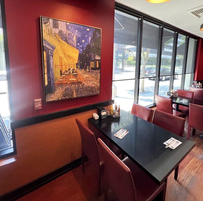 Van Gogh's "Café Terrace at Night" watches over diners, as if approving of this equally artistic approach to breakfast.