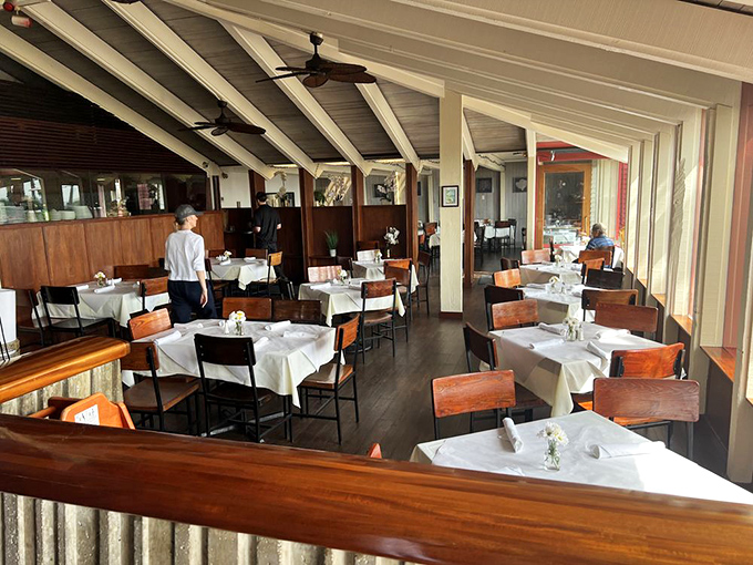 White tablecloths meet coastal casual in a dining room where you can watch waves crash while demolishing fresh seafood. Life goals achieved.