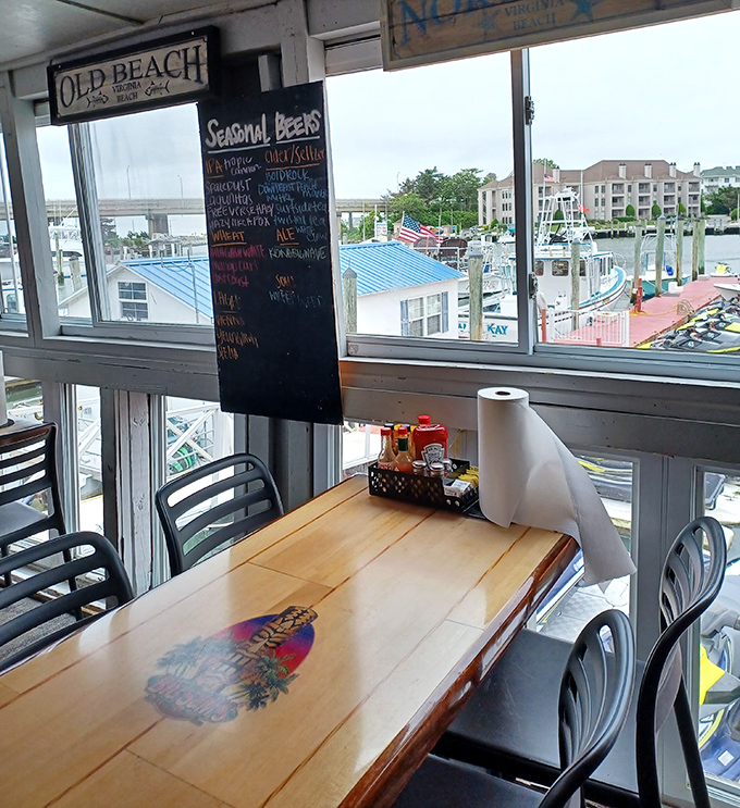 The view from Big Sam's is the kind that makes you forgive a late-arriving entrée. Boats, water, and a chalkboard of local brews—nature's entertainment system.