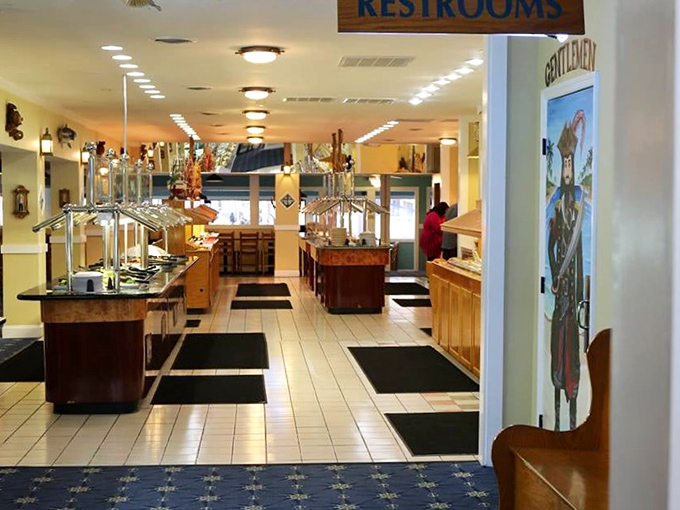 Buffet architecture at its finest. The black and white floor tiles say "classy establishment" while everything else screams "come get seconds!"
