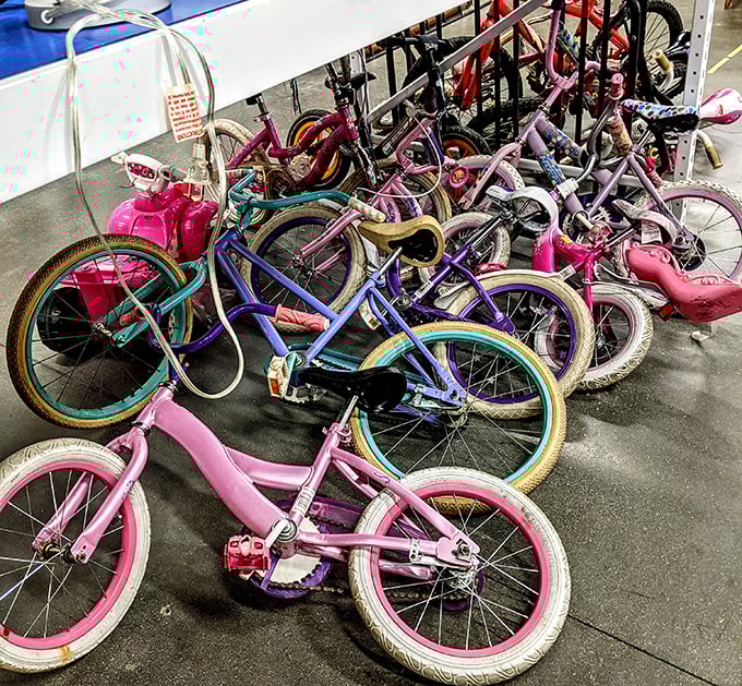 A rainbow of kids' bikes parked in formation, each one ready to create childhood memories at a fraction of big-box store prices.