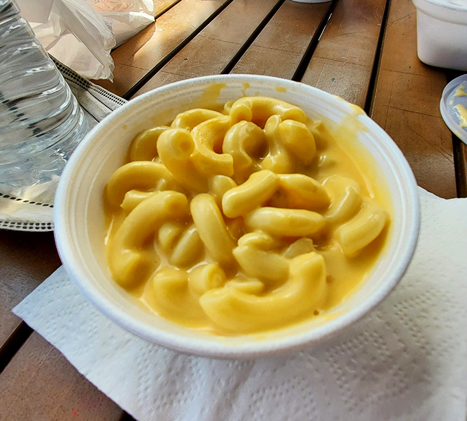 Mac and cheese that knows its role—simple, creamy, comforting, and ready to complement the smoky stars of the show.