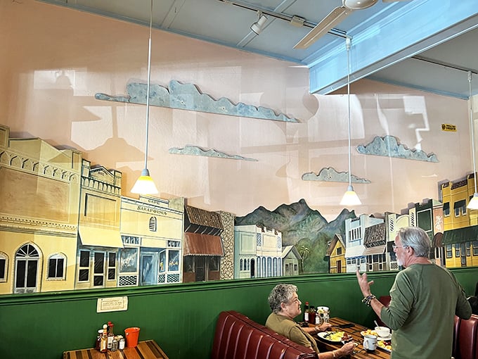 The whimsical mural depicting historic Calistoga transports you to simpler times while you transport breakfast to your eagerly awaiting taste buds.