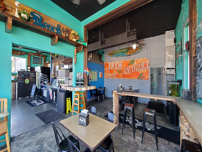 The "Farm to Produce" mural reminds you that good ingredients make great tacos—a philosophy as refreshing as the space itself.