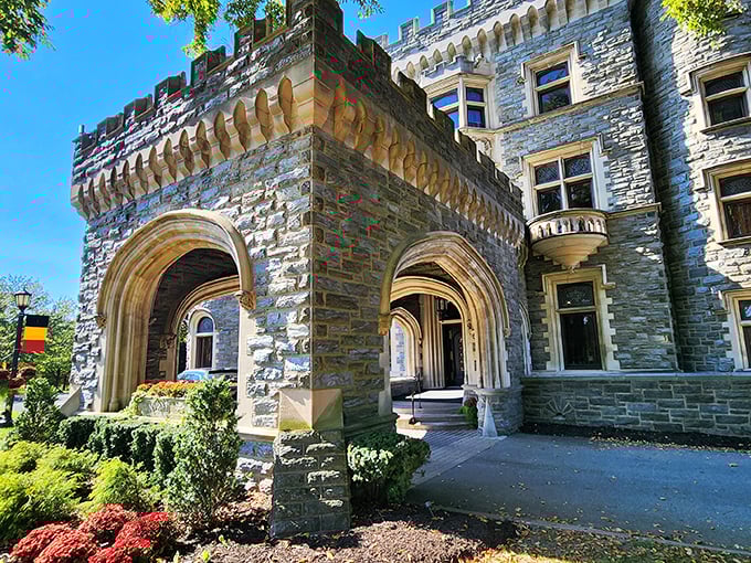 The castle's grand entrance portico feels like stepping into a European fairy tale. Those stone arches have welcomed visitors for generations with timeless elegance.