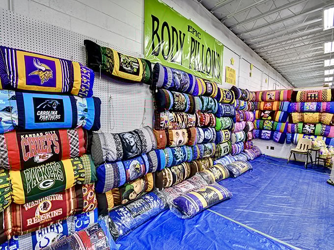 Sports fans find their happy place among team pillows and blankets—a textile tailgate party where rivalries are displayed but comfort is universal.