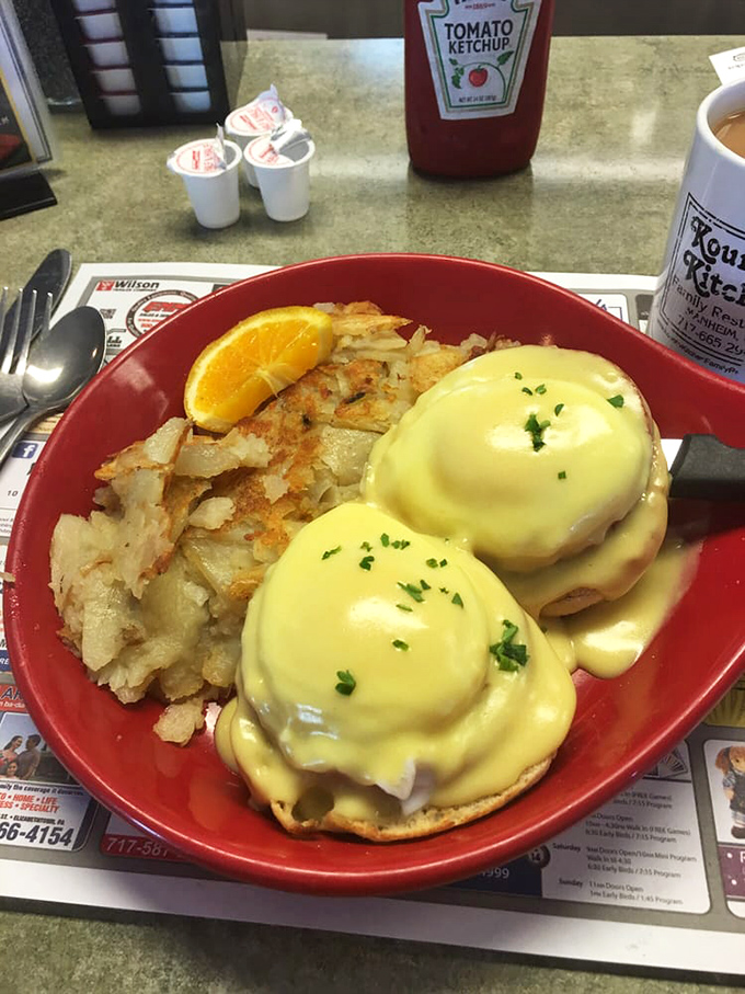 Eggs Benedict that makes you want to write poetry. The hollandaise cascades like a yellow waterfall of breakfast perfection.