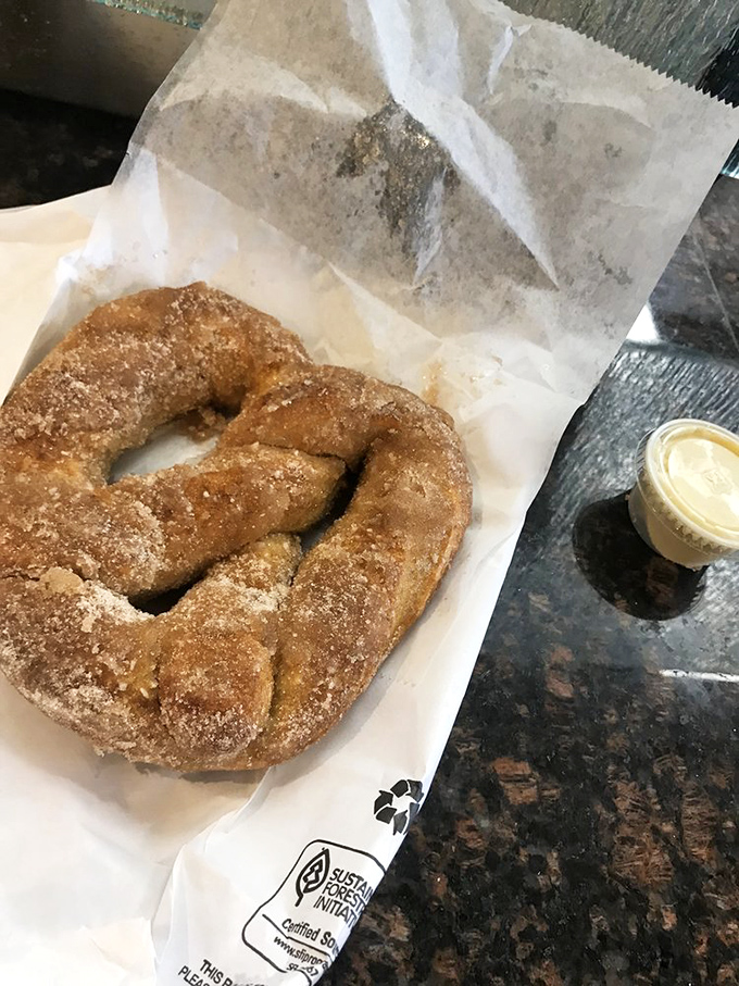 Fresh-baked pretzels that put ballpark versions to shame – crispy, salty, and dangerously addictive.