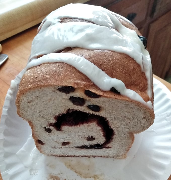 Raisin bread with frosting that doesn't just cross the line into cake territory—it dances over it. Breakfast or dessert? Yes, please.