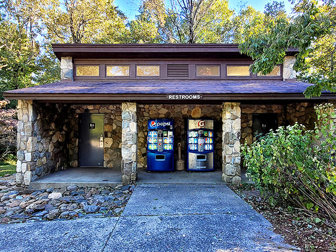 Even the restrooms at Caesars Head embrace rustic mountain charm. When your facilities have stone walls and vending machines, you know you're "roughing it" in style.