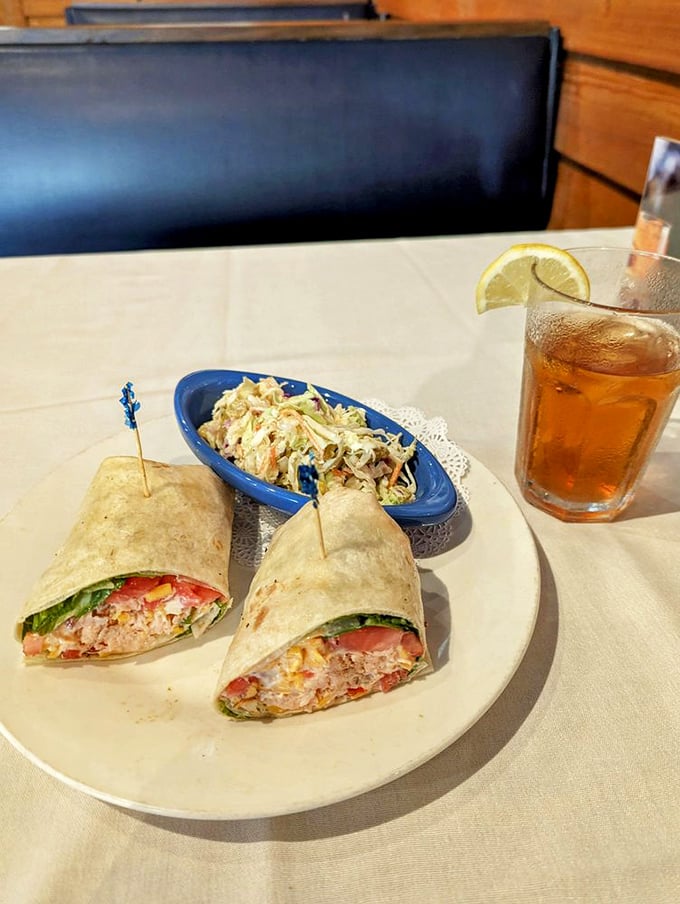 Wraps that prove seafood doesn't always need a fork and knife. Fresh, portable perfection with a side of homemade slaw.