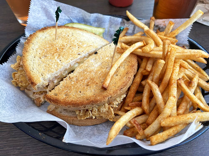 A sandwich cut diagonally always tastes better – it's science. Pair it with those perfectly golden fries and you've got edible geometry.