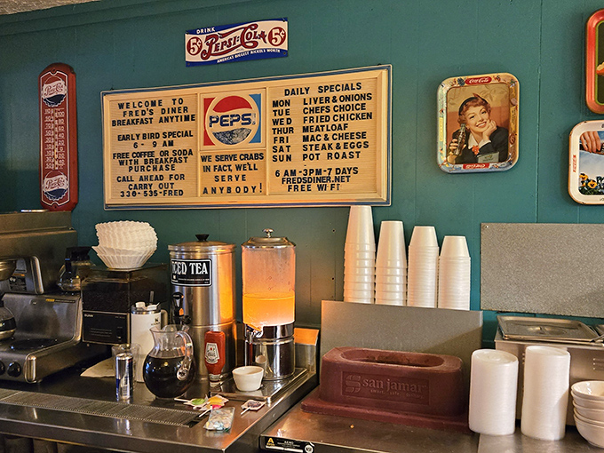 The beating heart of any great diner – a service counter with iced tea at the ready and daily specials that read like comfort food poetry.