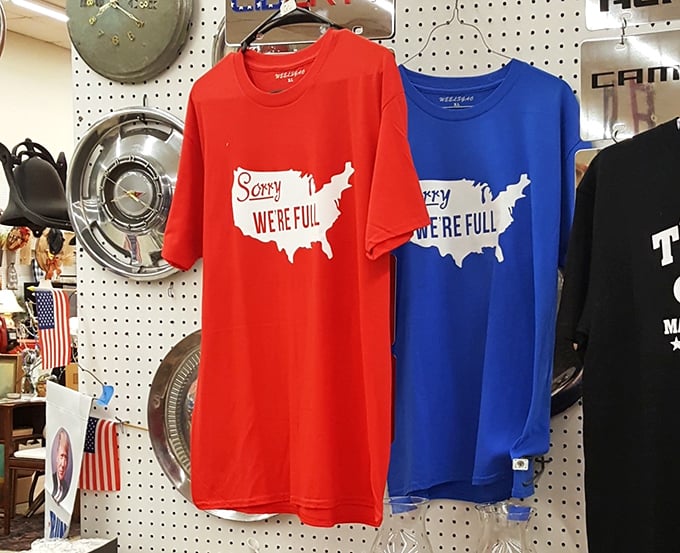 These "Sorry We're Full" t-shirts offer a dash of political humor alongside vintage hubcaps—flea markets are nothing if not eclectic.