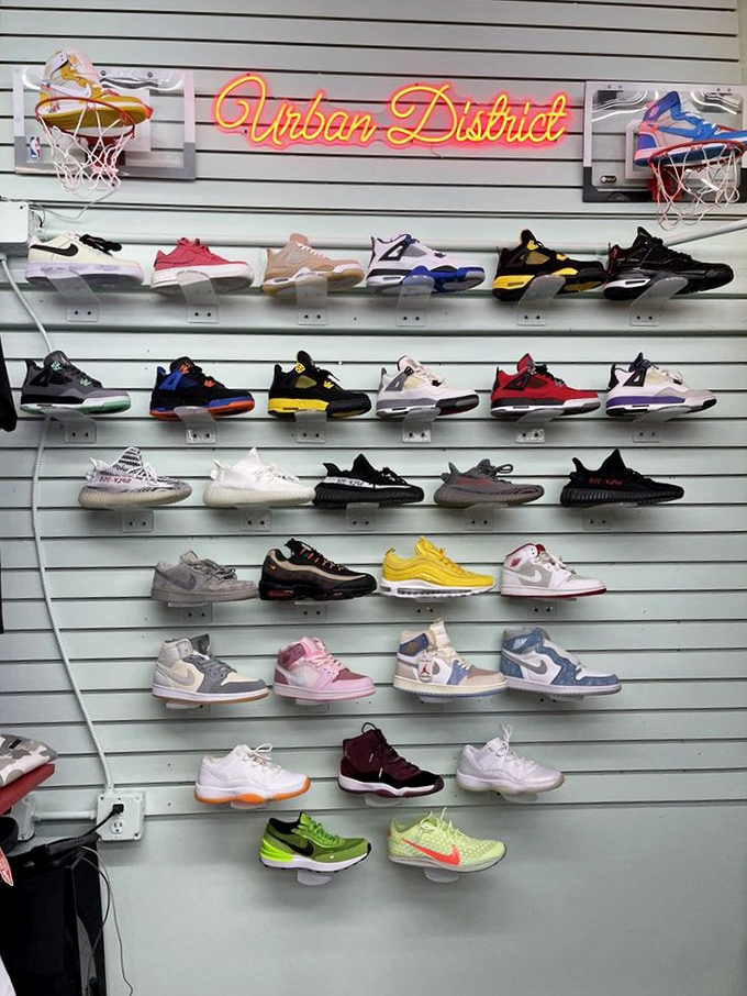 The "Urban District" sneaker display showcases footwear that tells stories—each pair a conversation starter waiting to walk into someone's life.