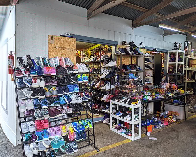 A rainbow of footwear possibilities stretches across metal racks—proof that Cinderella could have had far more options if she'd shopped here first.
