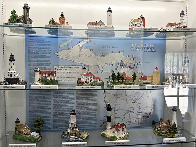Michigan's lighthouse legacy displayed in miniature—proof that our fascination with these maritime sentinels spans generations and souvenir shelves.