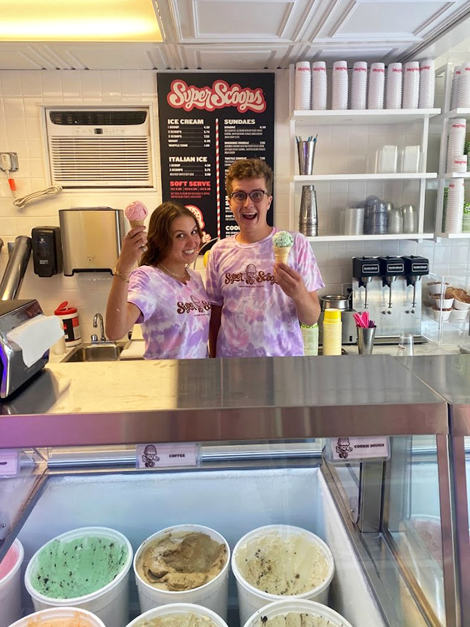 The enthusiasm of Super Scoops' staff matches their tie-dye shirts—colorful, energetic, and exactly what you want from people handling your happiness delivery system.