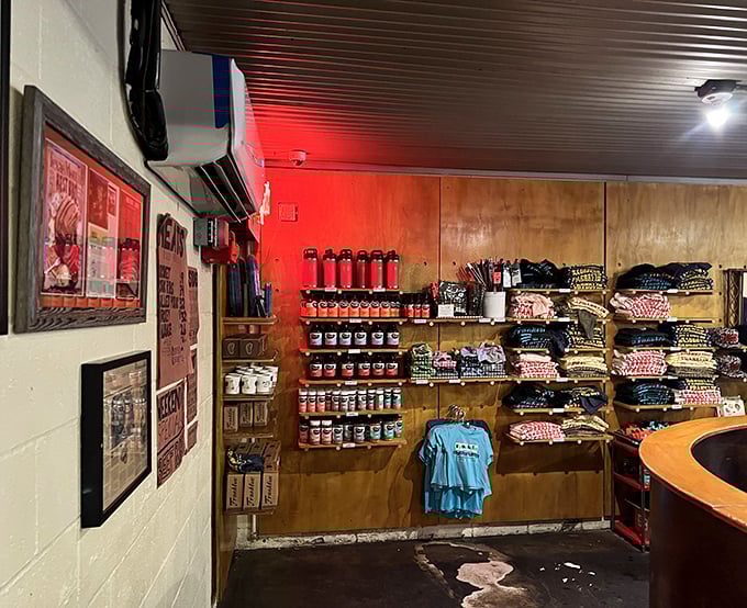 The merchandise wall is where barbecue fans become barbecue evangelists. Take home a piece of the magic – or at least a t-shirt.