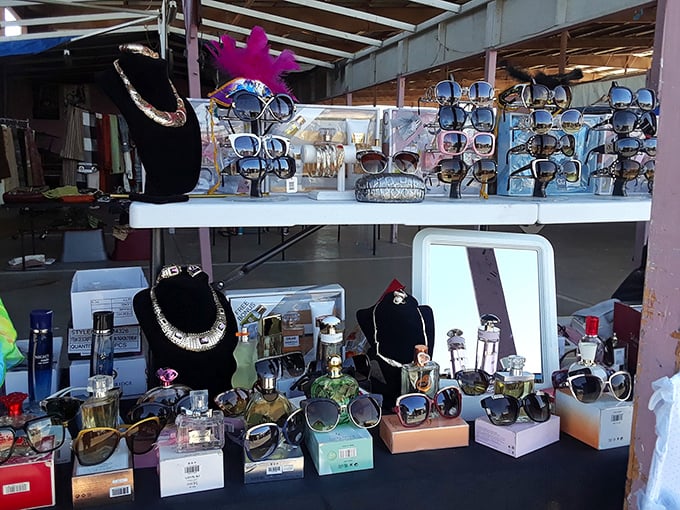 Sunglasses and perfume bottles catch the light, promising instant glamour. Hollywood style without the Hollywood price tag.