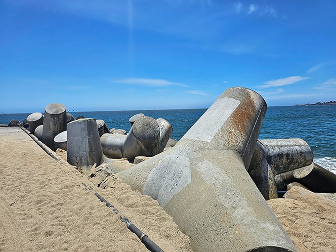 These concrete tetrapods look like giant jacks from some cosmic child's playground. Engineers call it a breakwater; I call it functional sculpture.