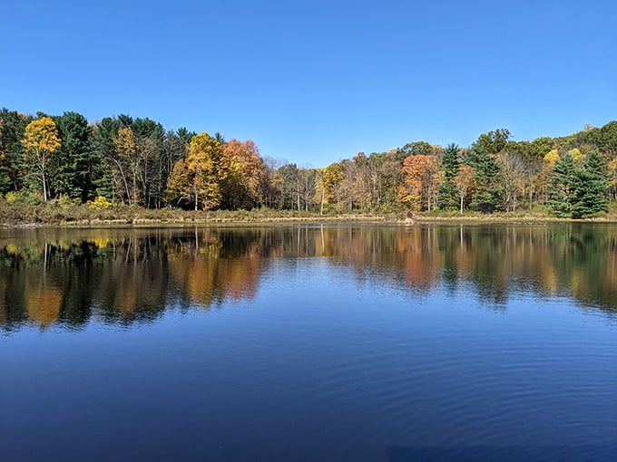 Mirror-like waters reflect fall's fiery palette. This tranquil lake doesn't need Instagram filters—Mother Nature's already applied her best work.