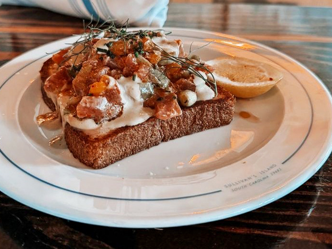 Not your average toast—this seafood-topped creation transforms humble bread into a canvas for culinary artistry that's almost too pretty to eat. Almost.
