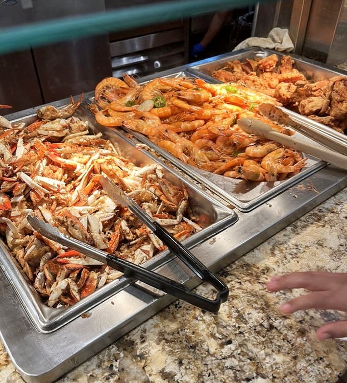 Seafood heaven! Snow crab legs and jumbo shrimp waiting to be claimed like buried treasure that requires no map, just a hungry spirit.