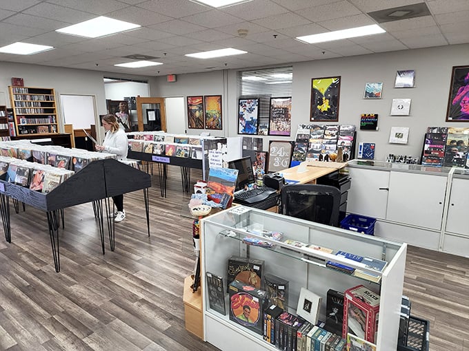 Vinyl enthusiasts can spend hours flipping through albums, each one a portal to musical memories.