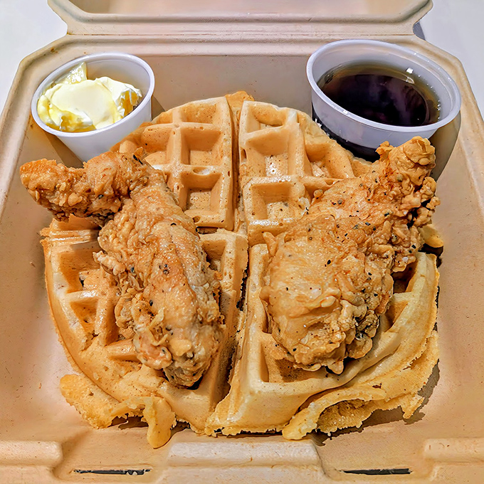 The chicken and waffle combo that settles the breakfast-or-lunch debate with a definitive "why not both?" Maple syrup, butter, and fried chicken – a holy trinity.