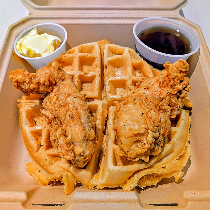 The chicken and waffle combo that settles the breakfast-or-lunch debate with a definitive "why not both?" Maple syrup, butter, and fried chicken – a holy trinity.