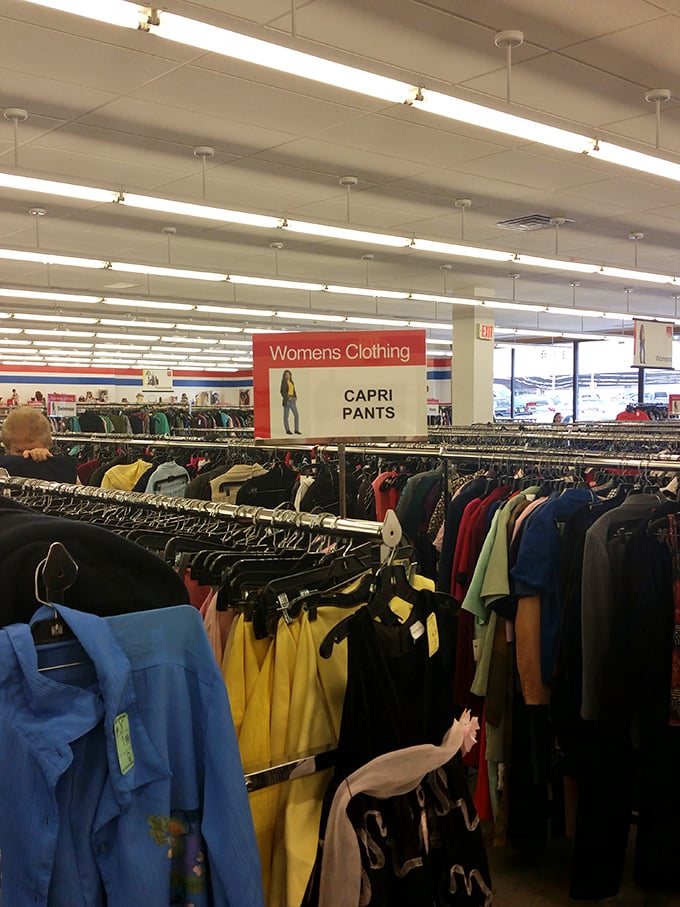 Women's clothing organized by type rather than era creates delightful surprises. That vintage blouse next to a Target special? Thrift store democracy at its finest.